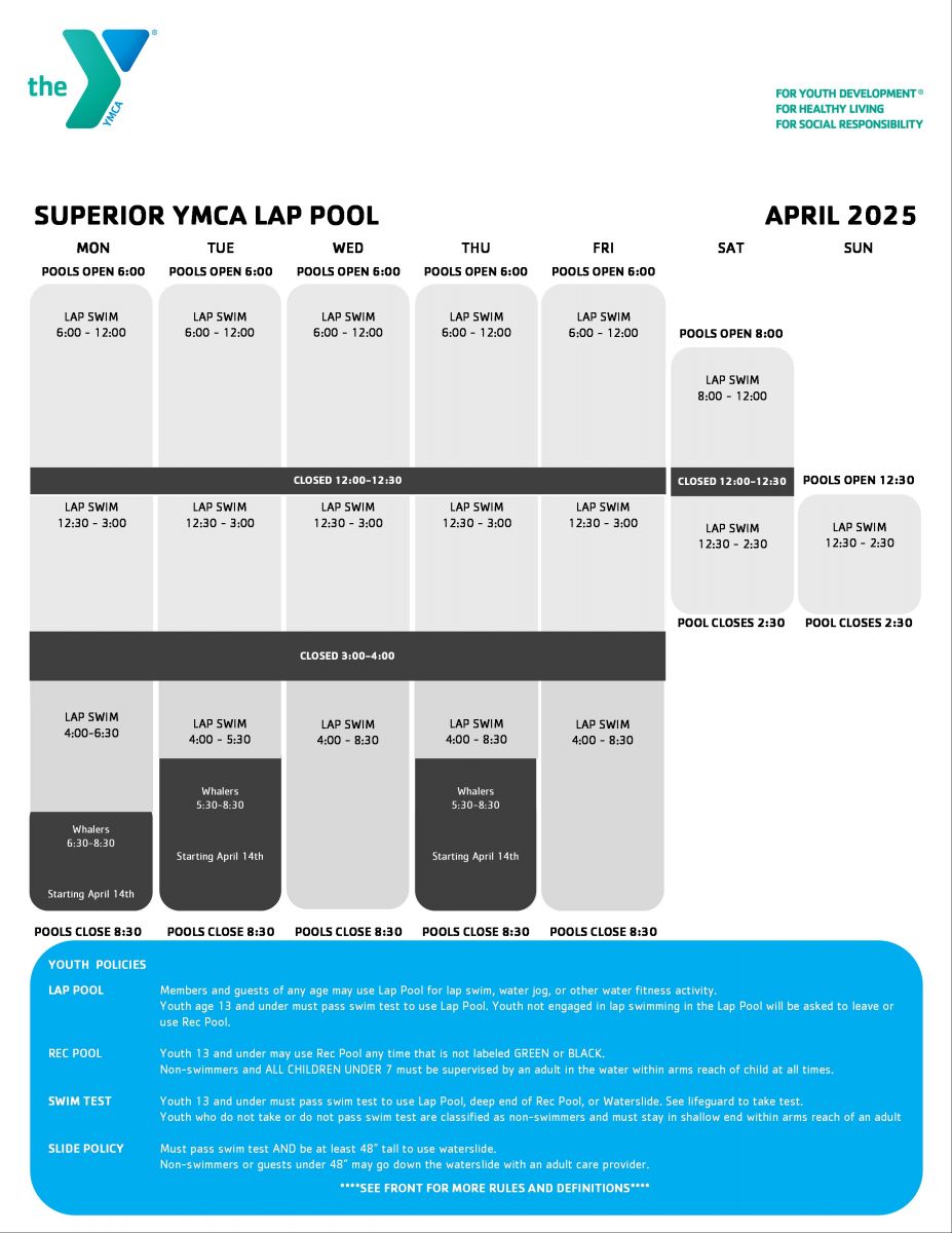Superior YMCA hot tub, lap, and recreational pool schedules