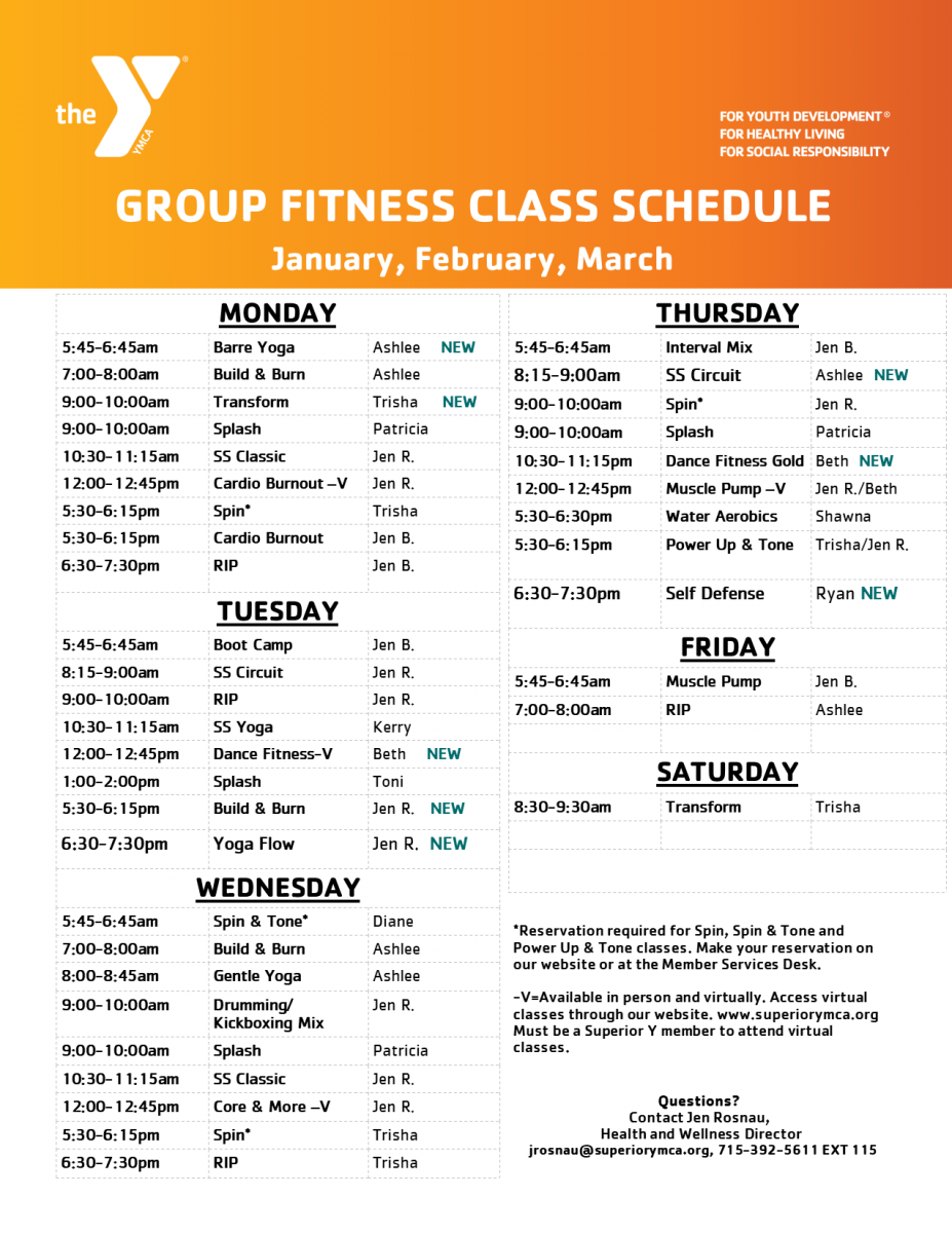 Schedules for the Superior Douglas County Family YMCA